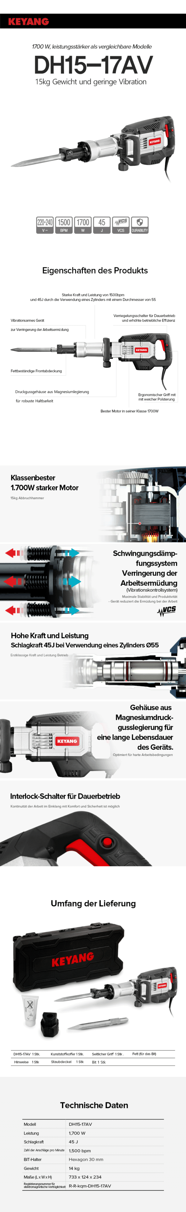 Keyang DH15-17AV Vibrationsarmer Hackhammer – 1700W - BJC Tools